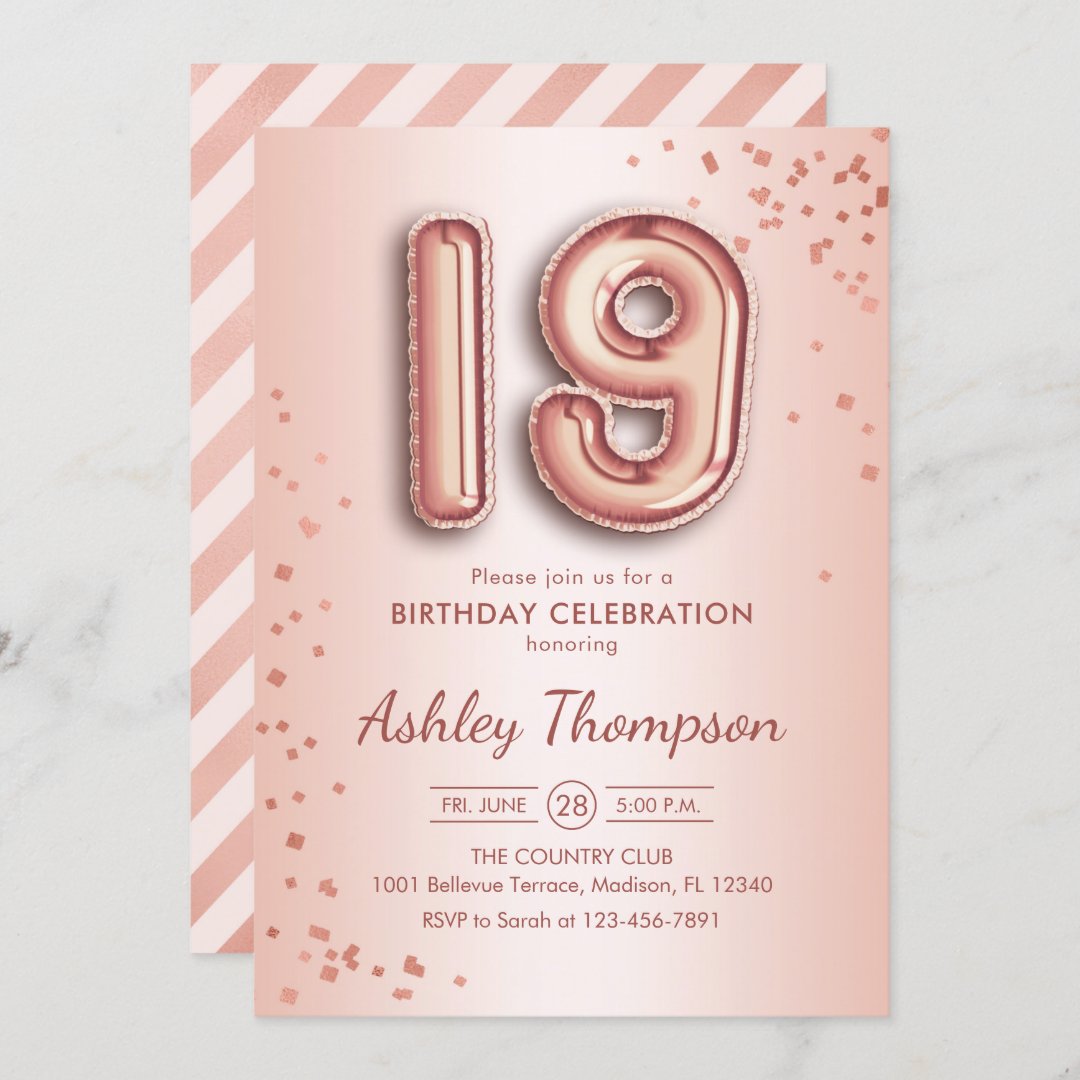19th Birthday - Rose Gold Balloons Invitation | Zazzle