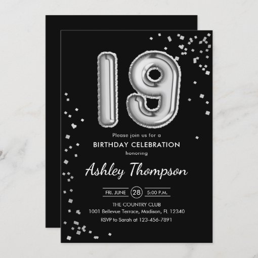 19th Birthday - Silver Balloons Black Invitation | Zazzle