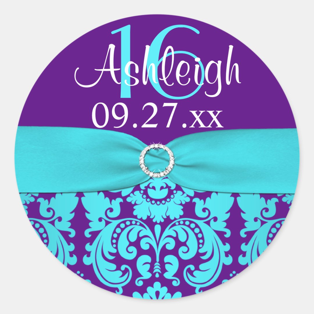 1.5" Purple, Turquoise Damask Sweet 16 Sticker | Zazzle