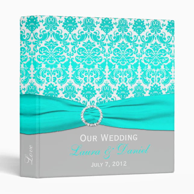 1" Aqua, Gray, and White Damask Wedding Binder | Zazzle