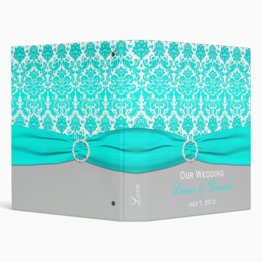 1" Aqua, Gray, and White Damask Wedding Binder | Zazzle