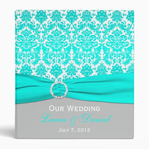 1" Aqua, Gray, and White Damask Wedding Binder | Zazzle