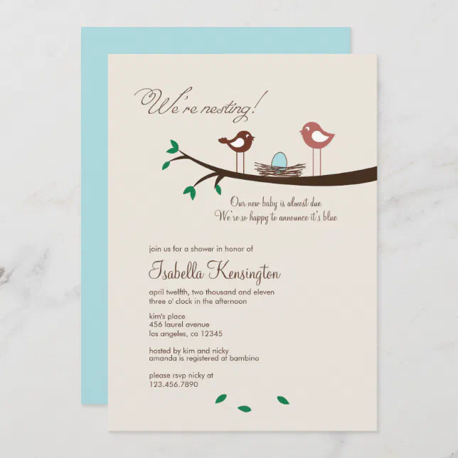 1 Blue Egg Nesting Birds Baby Shower Invitation | Zazzle