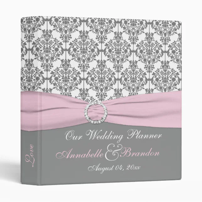 1" Gray Damask with Pink Wedding Binder | Zazzle
