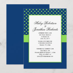 #1 Navy Blue and Lime Green Polka Dots Wedding Invitation | Zazzle