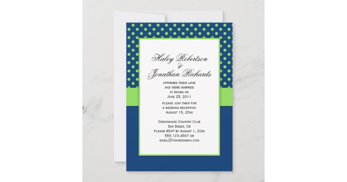 #1 Navy Blue and Lime Green Polka Dots Wedding Invitation | Zazzle