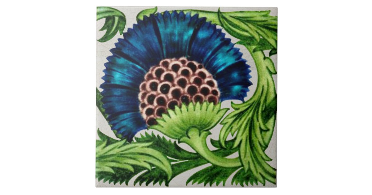 1 of Pair of Repro Antique De Morgan Blue Floral Ceramic Tile | Zazzle