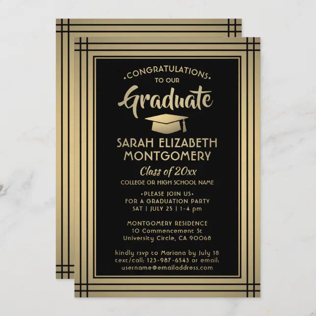 1 Photo Black and Gold Faux Foil Modern Graduation Invitation | Zazzle