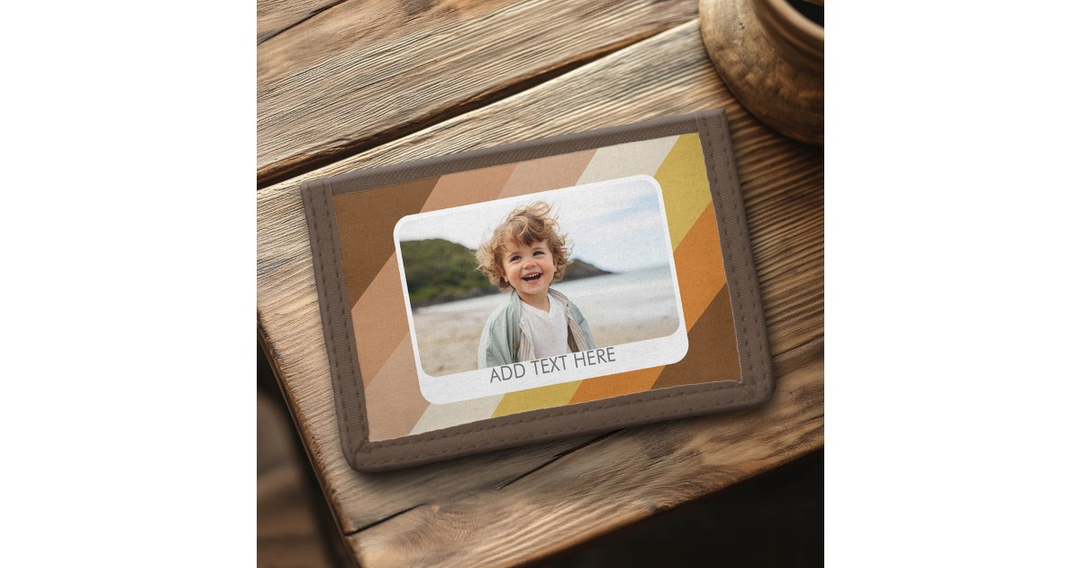 1 Photo Collage - text - Retro Stripes Warm Colors Trifold Wallet | Zazzle