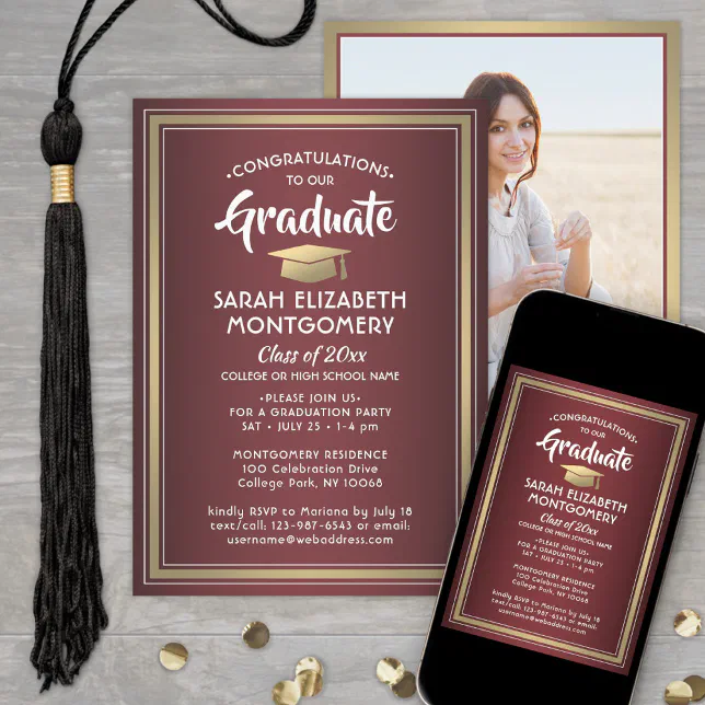 1 Photo Elegant Burgundy Red and Gold Graduation Invitation | Zazzle