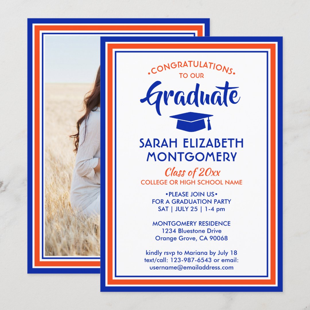 1 Photo Elegant Congrats Orange & Blue Graduation Invitation | Zazzle