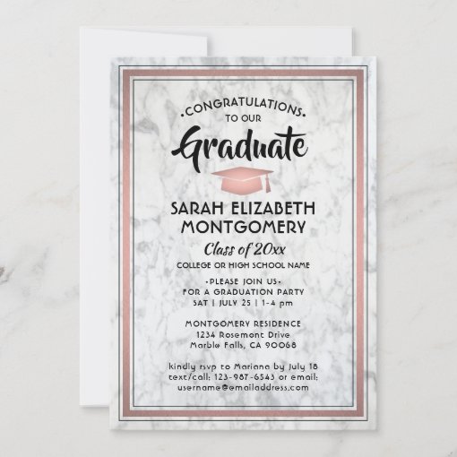 1 Photo Elegant Marble & Pink Rose Gold Graduation Invitation | Zazzle