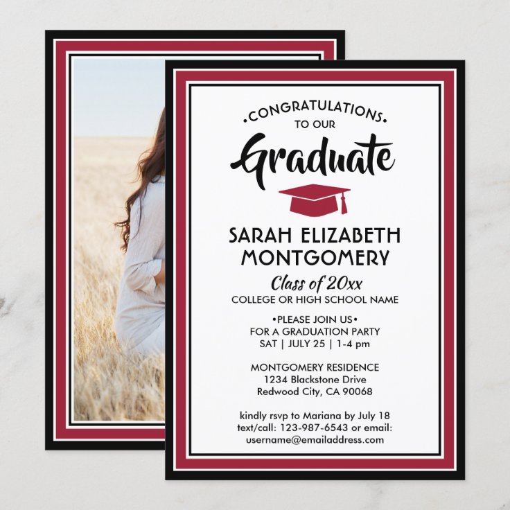 1 Photo Elegant Modern Red Black White Graduation Invitation | Zazzle