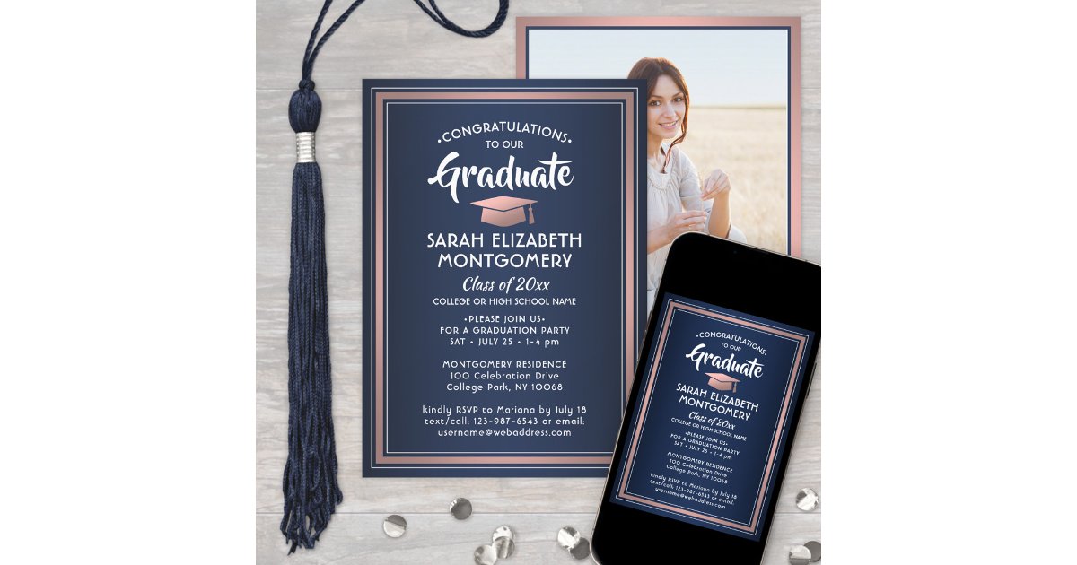 1 Photo Elegant Navy Blue and Pink Graduation Invitation | Zazzle