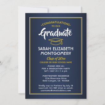 1 Photo Elegant Navy Blue Gold Yellow Graduation Invitation | Zazzle