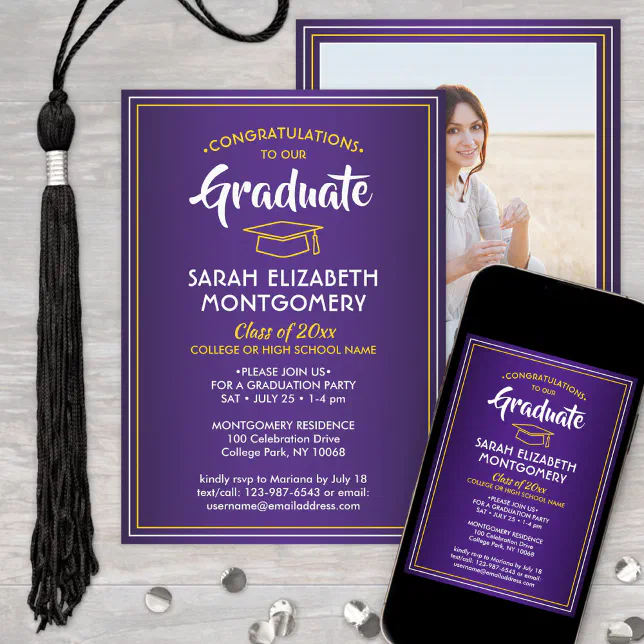 1 Photo Elegant Purple Gold Yellow Graduation Invitation | Zazzle