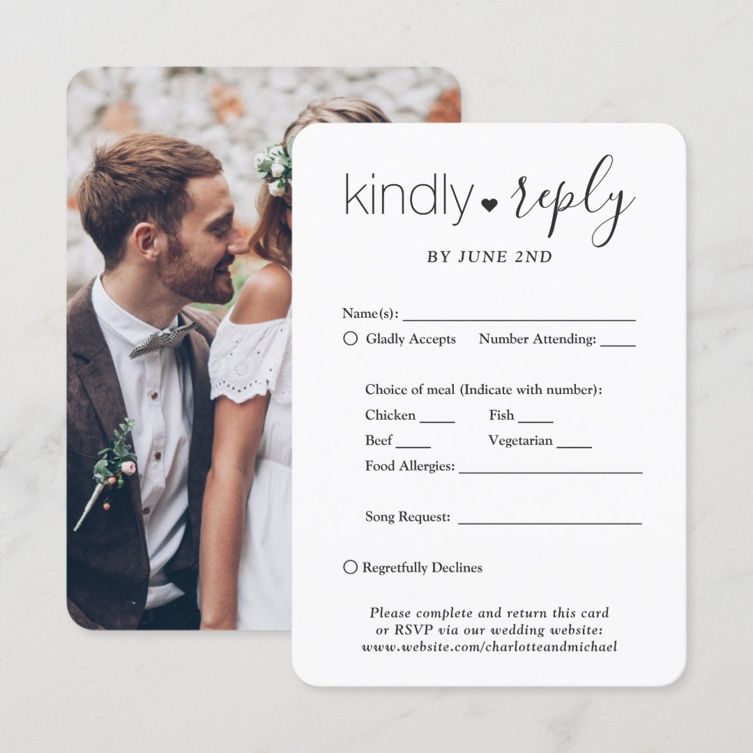 1 Photo Elegant Simple Script Kindly Reply Wedding RSVP Card | Zazzle