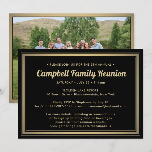 1 Photo Family Reunion Elegant Black and Gold Invitation | Zazzle