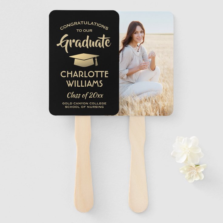 1 Photo Graduation Congrats Modern Black and Gold Hand Fan | Zazzle