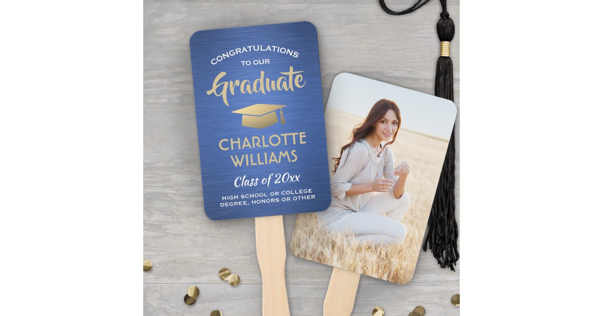 1 Photo Graduation Elegant Brushed Blue Gold White Hand Fan | Zazzle