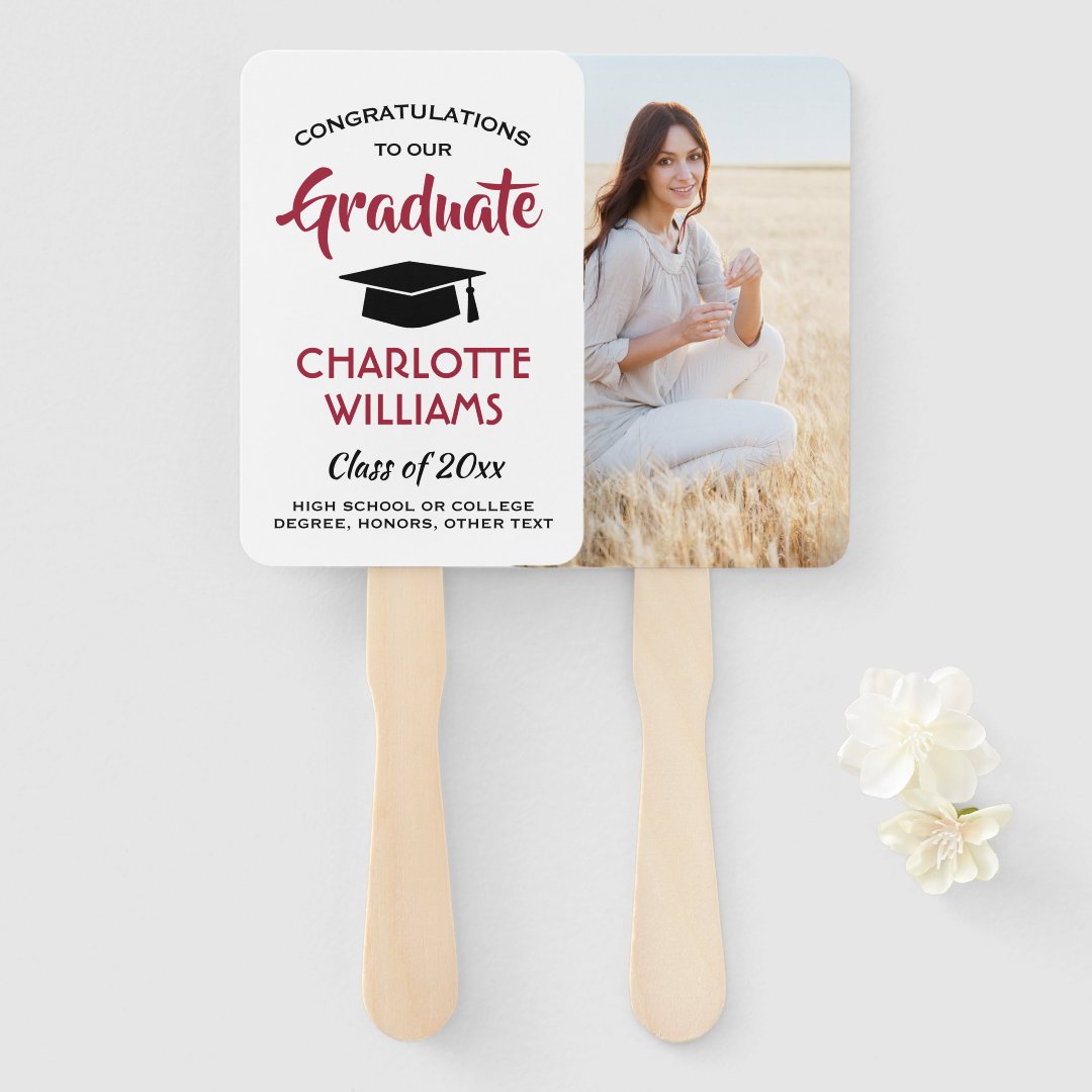1 Photo Graduation Modern Red Black and White Hand Fan | Zazzle