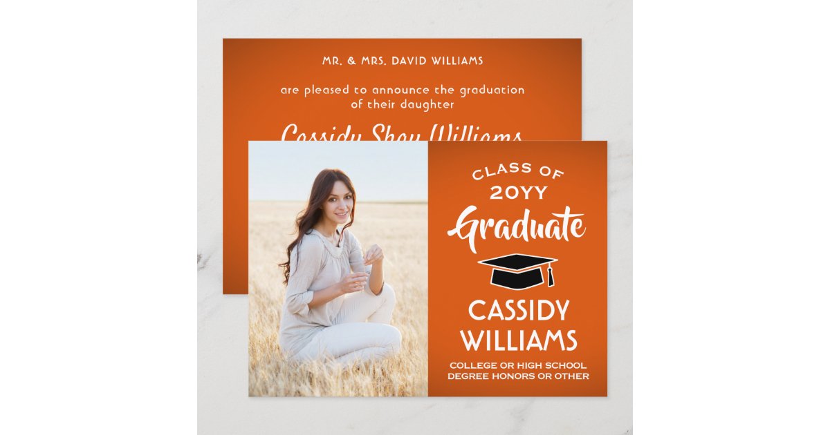 1 Photo Modern Orange White and Black Graduation Announcement | Zazzle