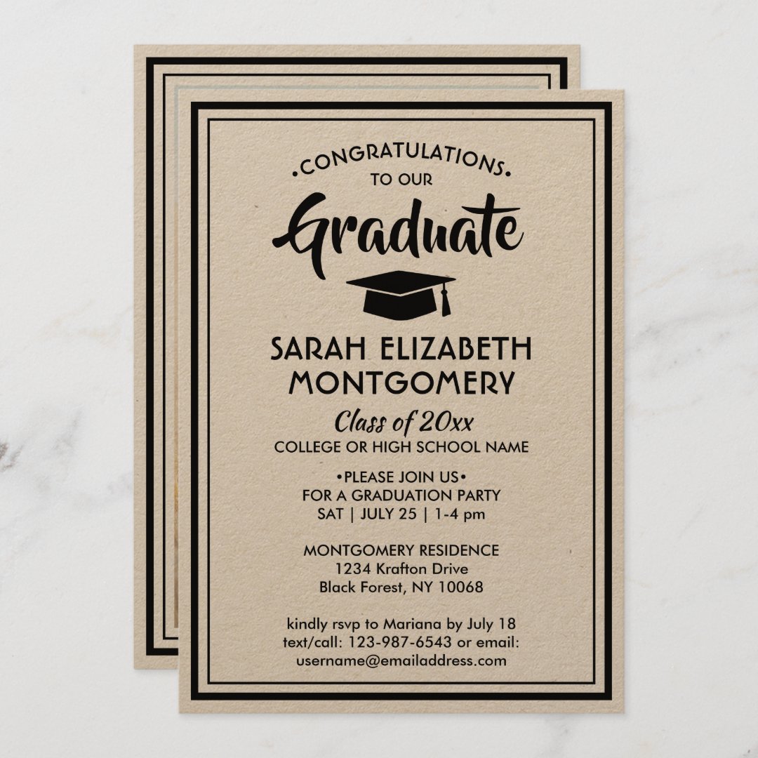 1 Photo Simple Kraft and Black Rustic Graduation Invitation | Zazzle