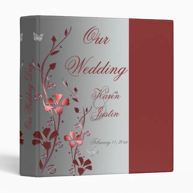 1" Red and Silver Floral Wedding Binder | Zazzle