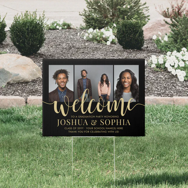 1 Sided Double Graduation Joint Welcome Black Gold Sign | Zazzle