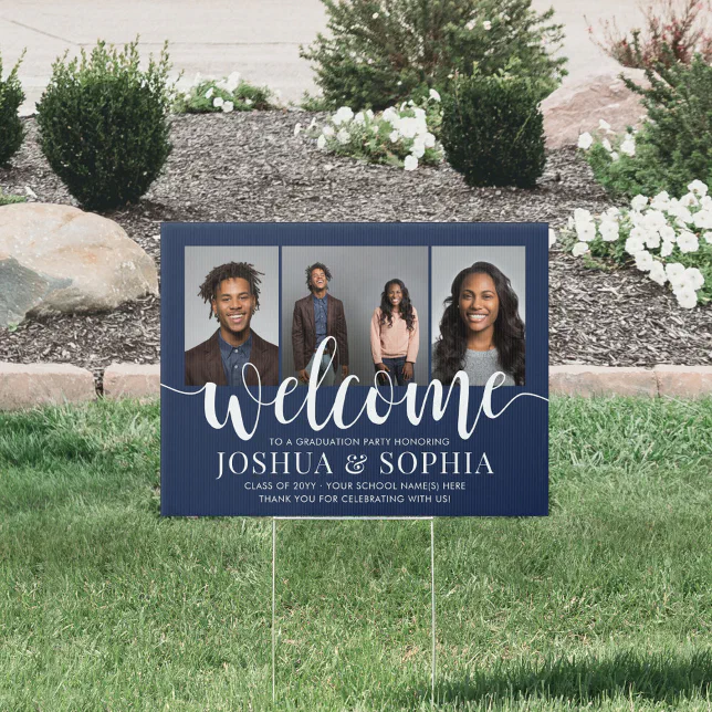 1 Sided Double Graduation Joint Welcome Navy Blue Sign | Zazzle