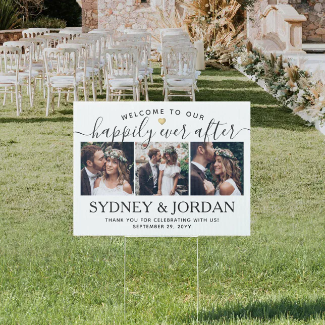 1 Sided Happily Ever After 3 Photo Wedding Yard Sign | Zazzle