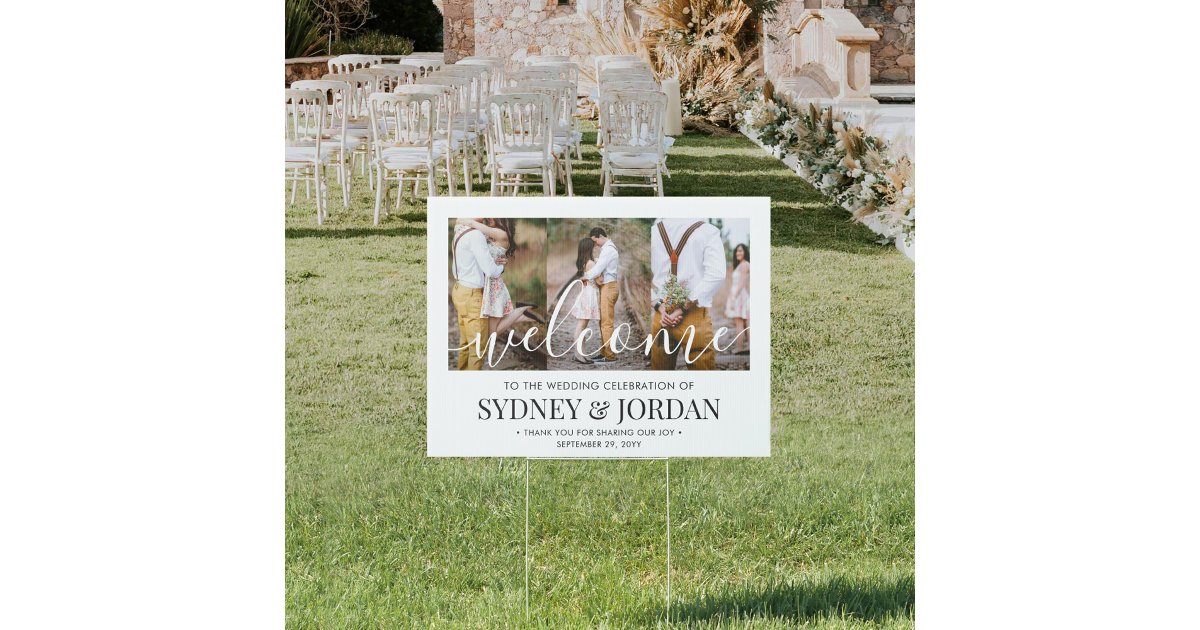 1 Sided Wedding Welcome 3 Photo White Script Yard Sign | Zazzle
