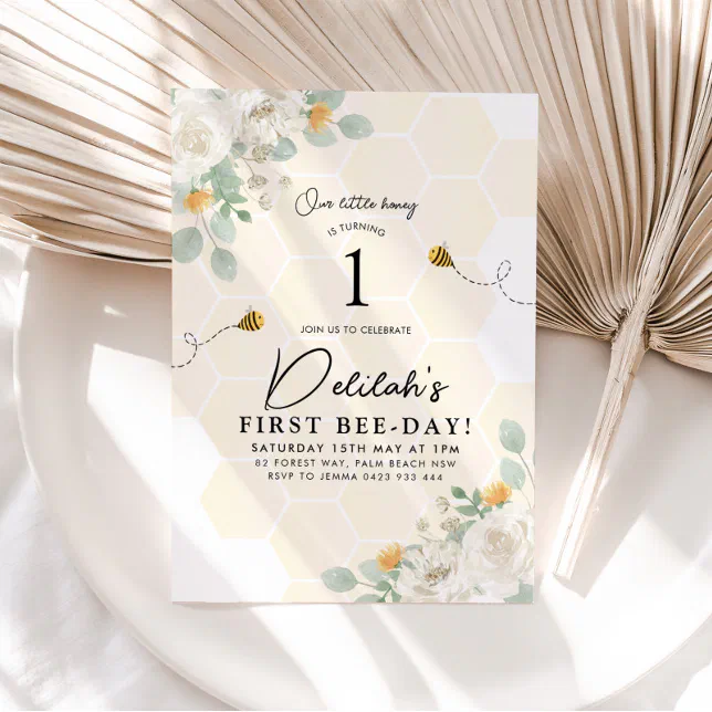 1st Bee Day Bumble Bee Girls Birthday Honey Floral Invitation | Zazzle