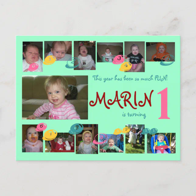 1st birthday 12 months photo postcard | Zazzle