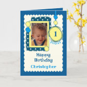 1st Birthday 1 today add photo name blue yellow Card | Zazzle