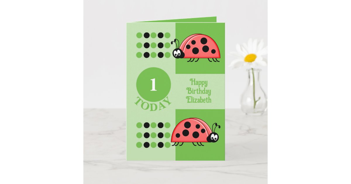 1st Birthday 1 today ladybugs red green Card | Zazzle