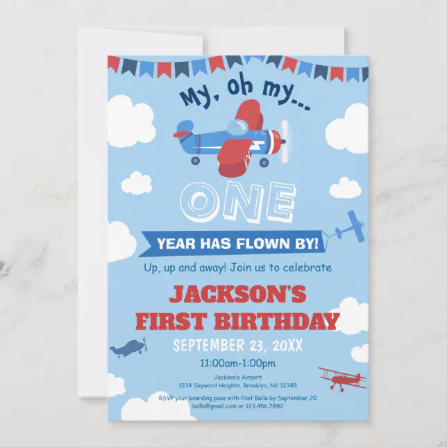 1st Birthday Airplane ONE Year Has Flown Sky Cloud Invitation | Zazzle
