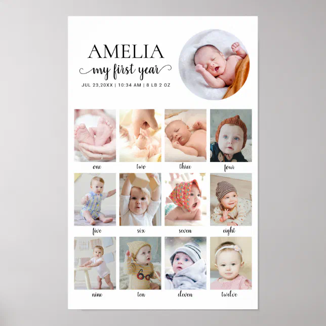 1st Birthday Baby Milestone 12 Months Custom Photo Poster | Zazzle