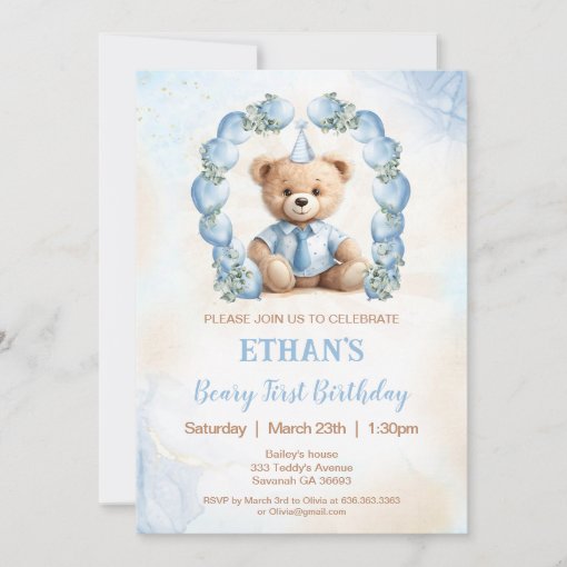 1st Birthday Bear Blue Balloons Invitation | Zazzle