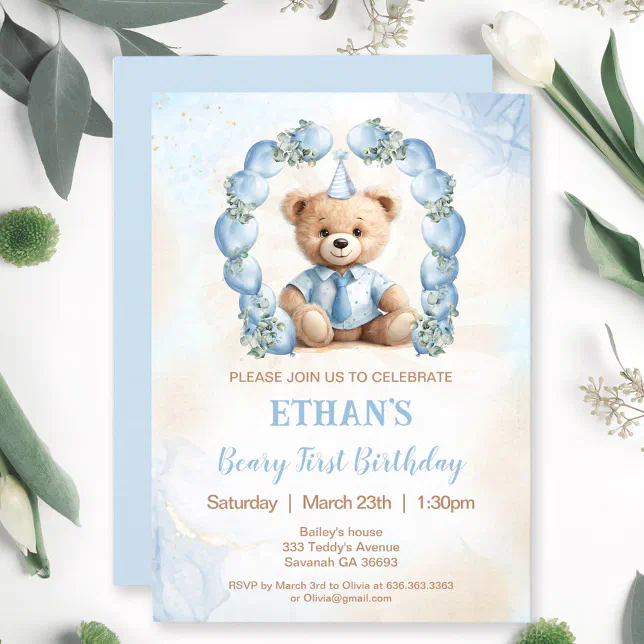 1st Birthday Bear Blue Balloons Invitation | Zazzle
