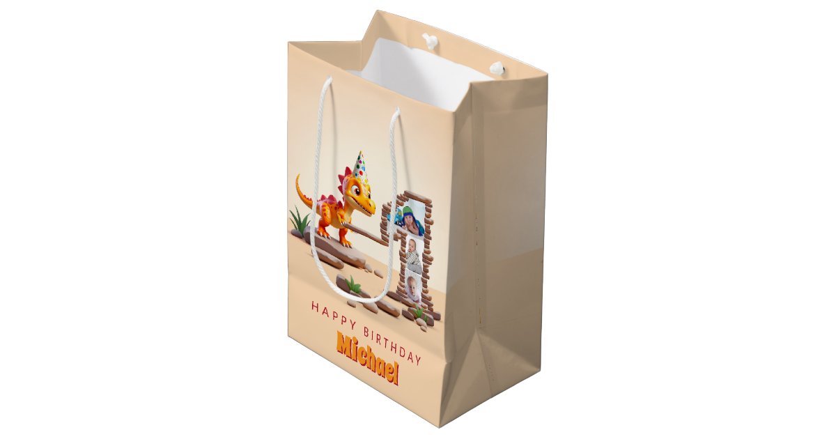 1st Birthday Big Number Photo | Little Dino Dragon Medium Gift Bag | Zazzle