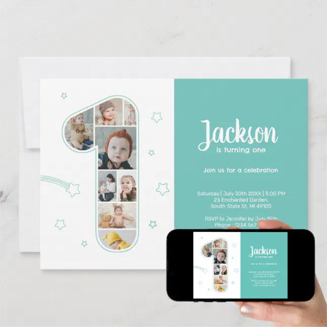 1st Birthday Boy Number 1 Custom Photo Collage Invitation | Zazzle