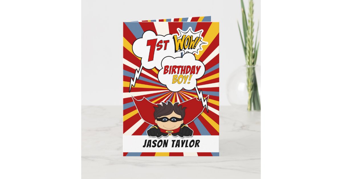 1st Birthday Boy Superhero Comic Theme Card | Zazzle