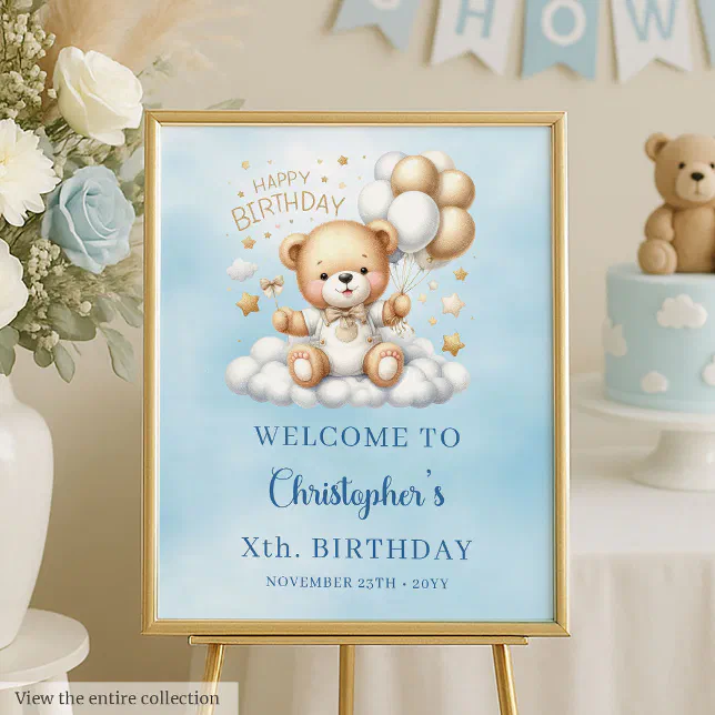 1st Birthday Boy Teddy Bear Welcome Poster | Zazzle