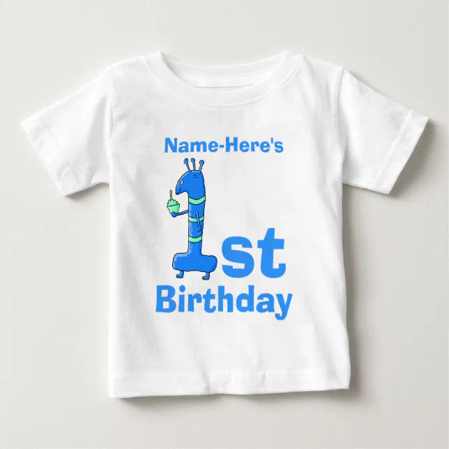 1st birthday cartoon, in blue. Custom Name. Baby T-Shirt | Zazzle
