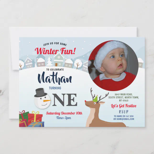 1st Birthday Christmas Party Photo Snowman Winter Invitation | Zazzle