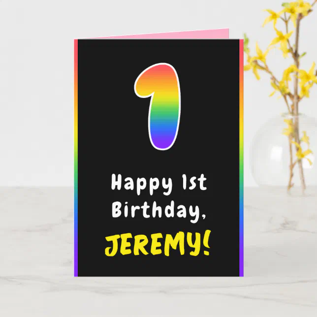 1st Birthday: Colorful Rainbow # 1, Custom Name Card | Zazzle