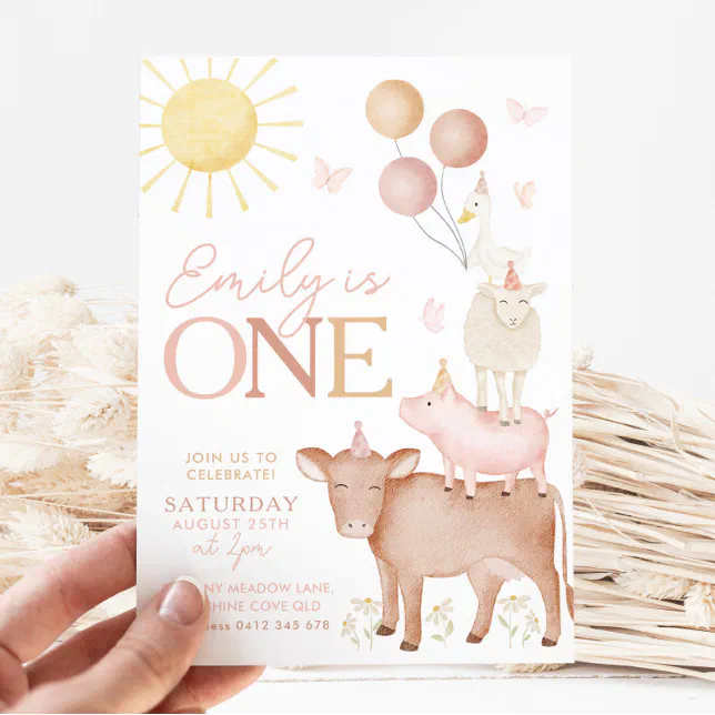 1st Birthday Farm Animals Barnyard Party Girls Invitation | Zazzle