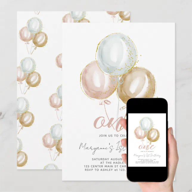 1st Birthday Girl Watercolor Balloons Invitation | Zazzle