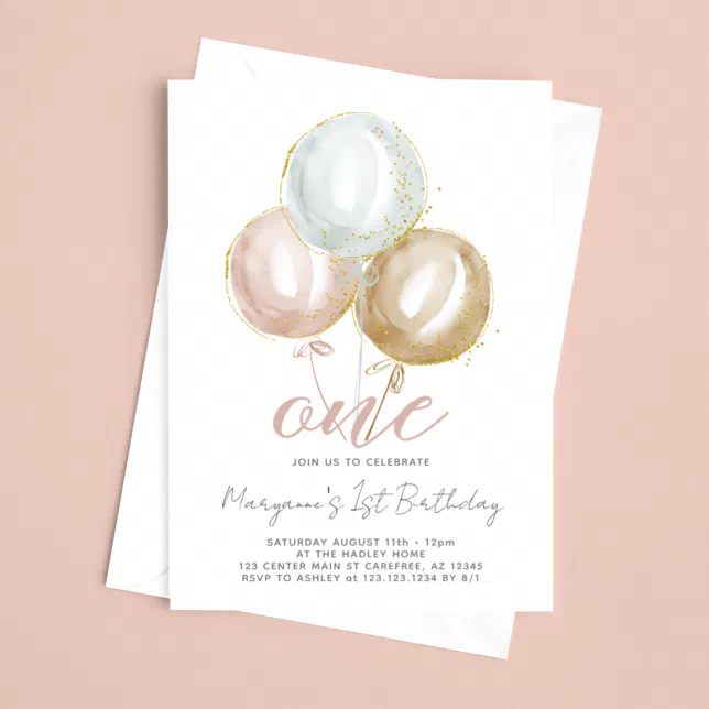 1st Birthday Girl Watercolor Balloons Invitation | Zazzle